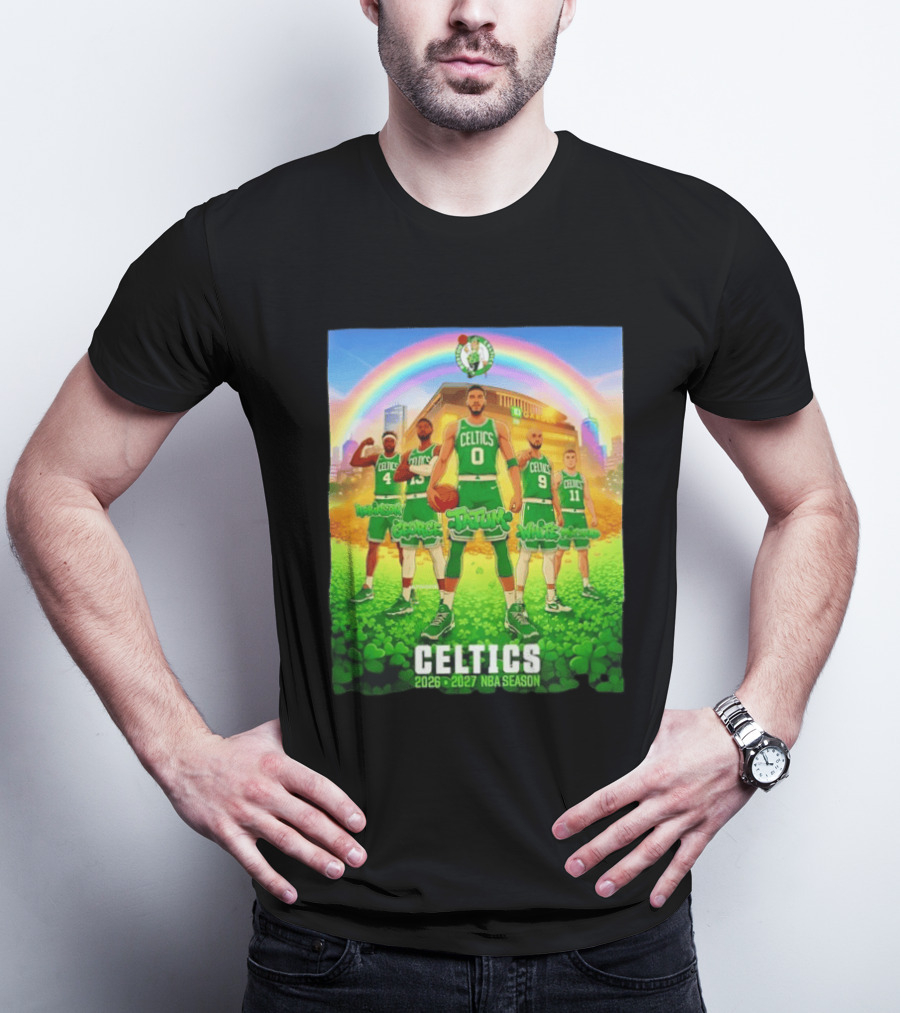 Boston Celtics 2026 2027 NBA Season Tatum George White Robinson Pritchard Basketball Team Players Under Rainbow Scene T-Shirt