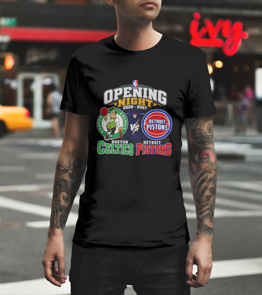Boston Celtics Vs Detroit Pistons NBA Opening Night 2026 2027 Matchup Logos And Teams T-Shirt