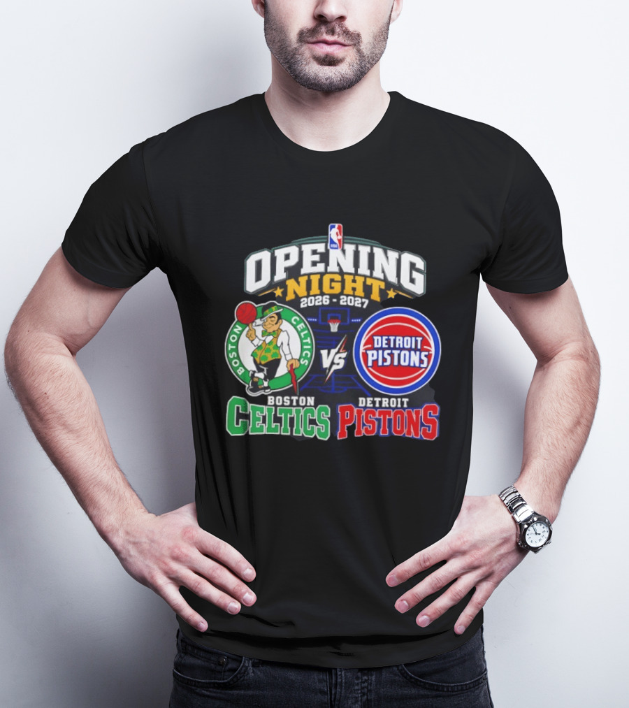 Boston Celtics Vs Detroit Pistons NBA Opening Night 2026 2027 Matchup Logos And Teams T-Shirt
