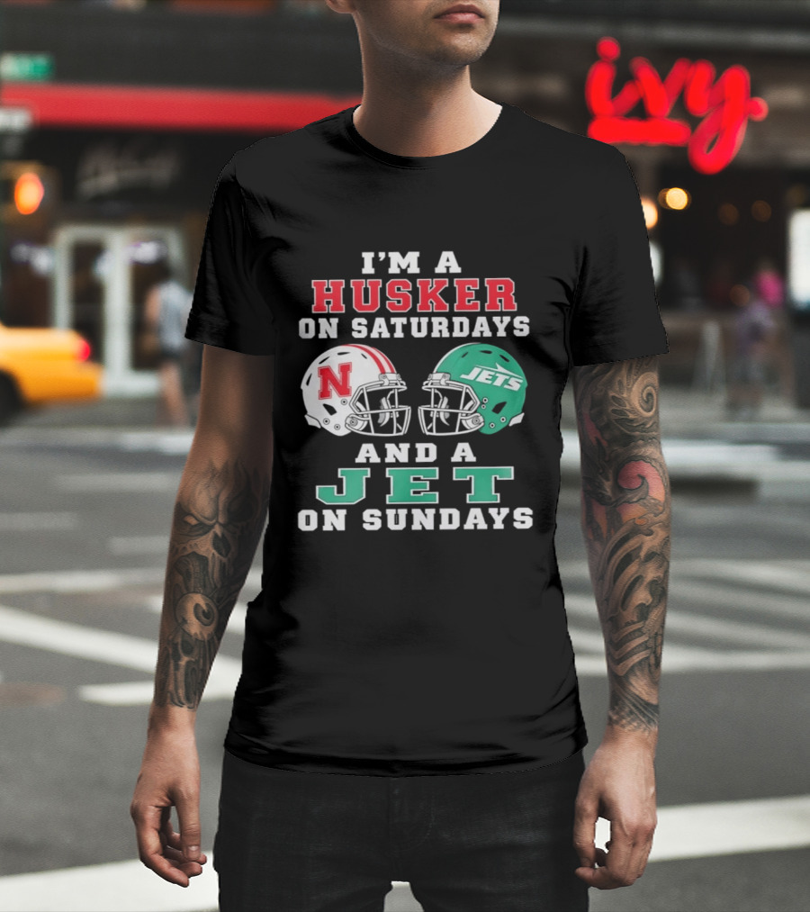 I'm A Husker On Saturdays Nebraska Fan And A Jet On Sundays New York Supporter Football Helmets T-Shirt