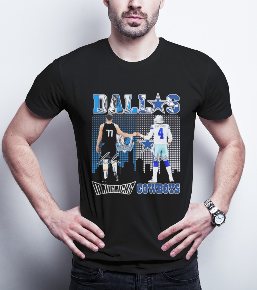 Dallas Mavericks Cowboys Skyline Signatures Luka Doncic Dak Prescott T-Shirt