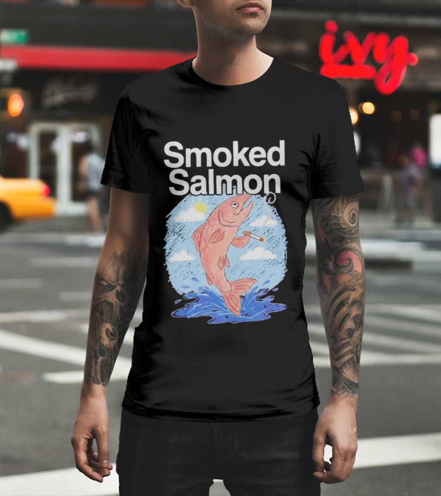 Smoked Salmon Smoking Fish Humorous Cartoon Design With Cloud And Water T-Shirt