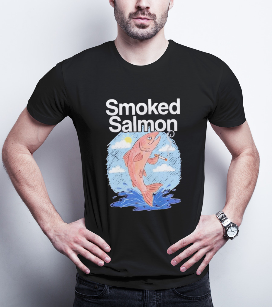 Smoked Salmon Smoking Fish Humorous Cartoon Design With Cloud And Water T-Shirt
