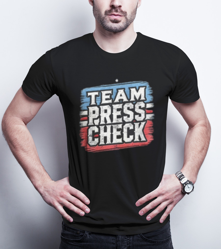 Team Press Check Bold Text On Red And Blue Stripes T-Shirt