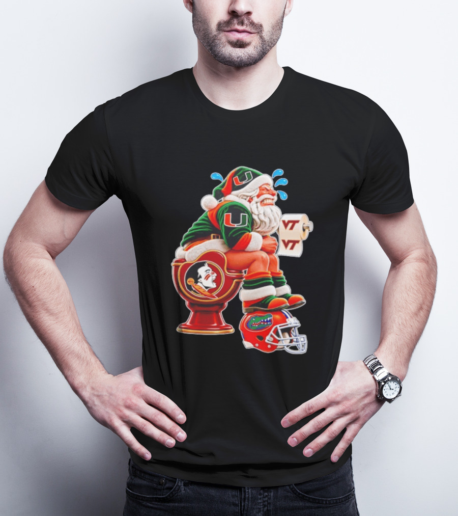 Miami Hurricanes Santa Claus Laughing On Florida State Toilet With Virginia Tech Toilet Paper And Florida Gators Helmet T-Shirt