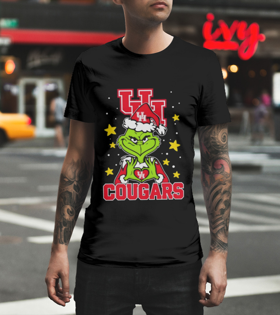 Grinch UH Houston Cougars Christmas Santa Hat Snow Stars T-Shirt