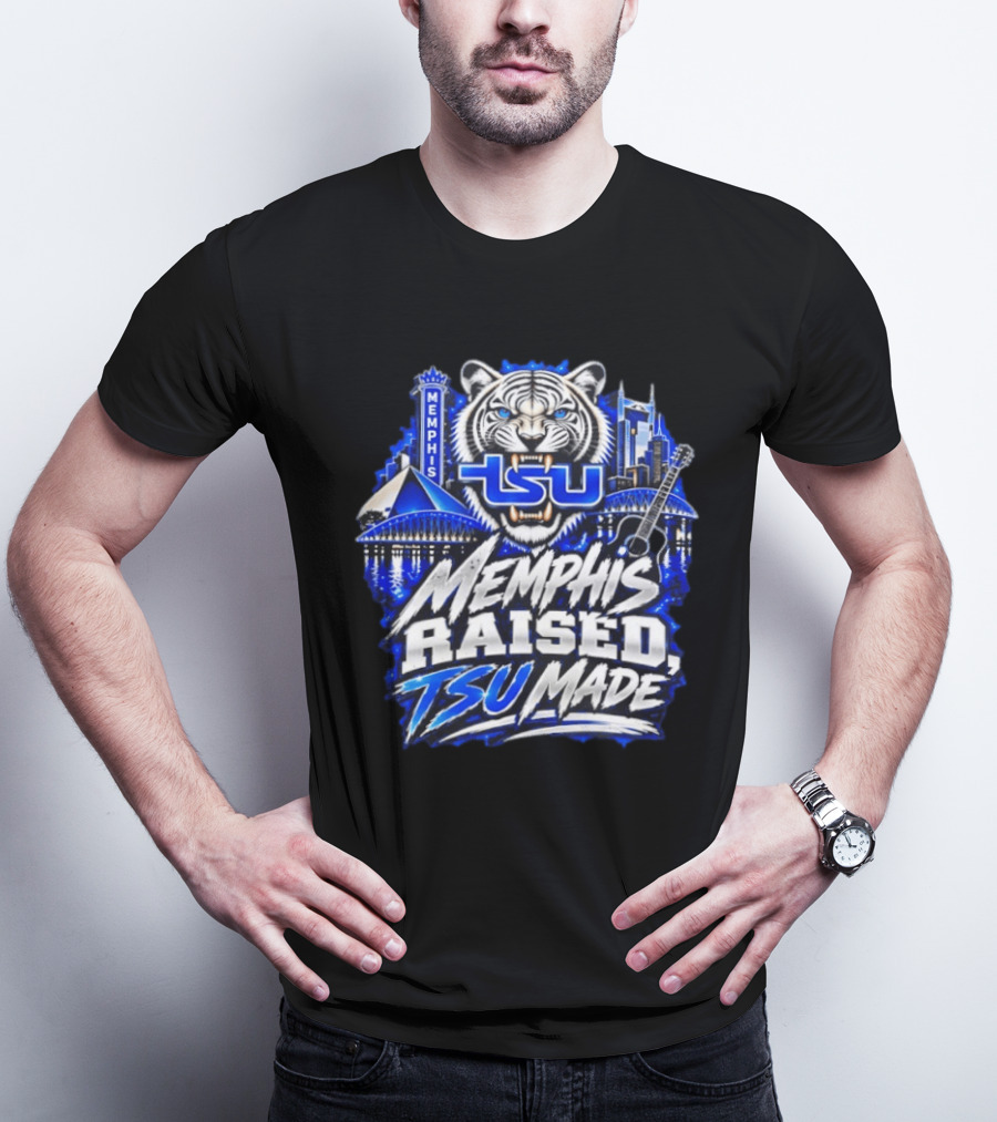 Memphis Raised TSU Made Tiger Skyline Guitar Blueprint T-Shirt
