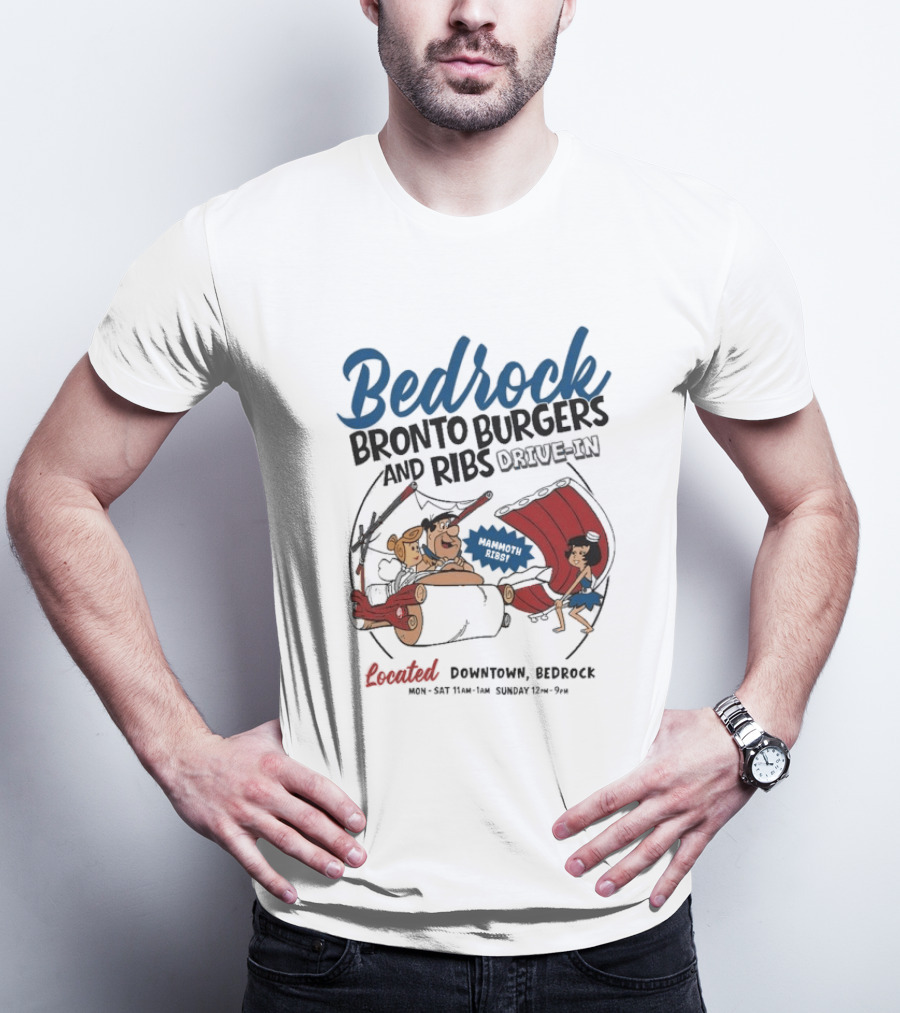 Bedrock Bronto Burgers And Ribs Drive In Downtown Bedrock Fred Flintstone Car And Dino Ribs T-Shirt