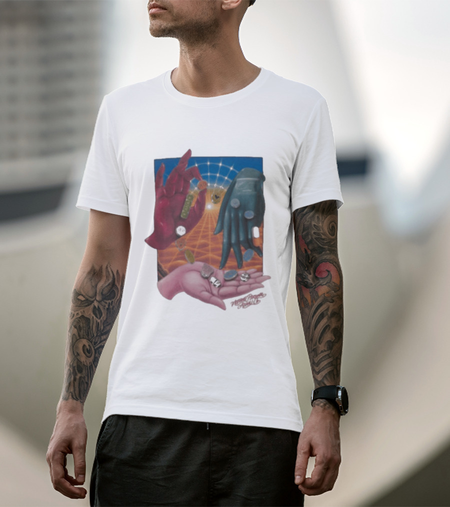 Nothing Personal X Asaali Surreal Hands With Coins And Geometric Grid T-Shirt