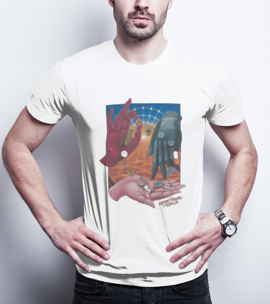 Nothing Personal X Asaali Surreal Hands With Coins And Geometric Grid T-Shirt