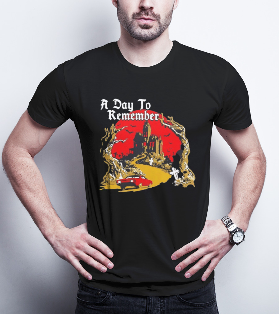 A Day To Remember Haunted House Red Car Cemetery Scene T-Shirt