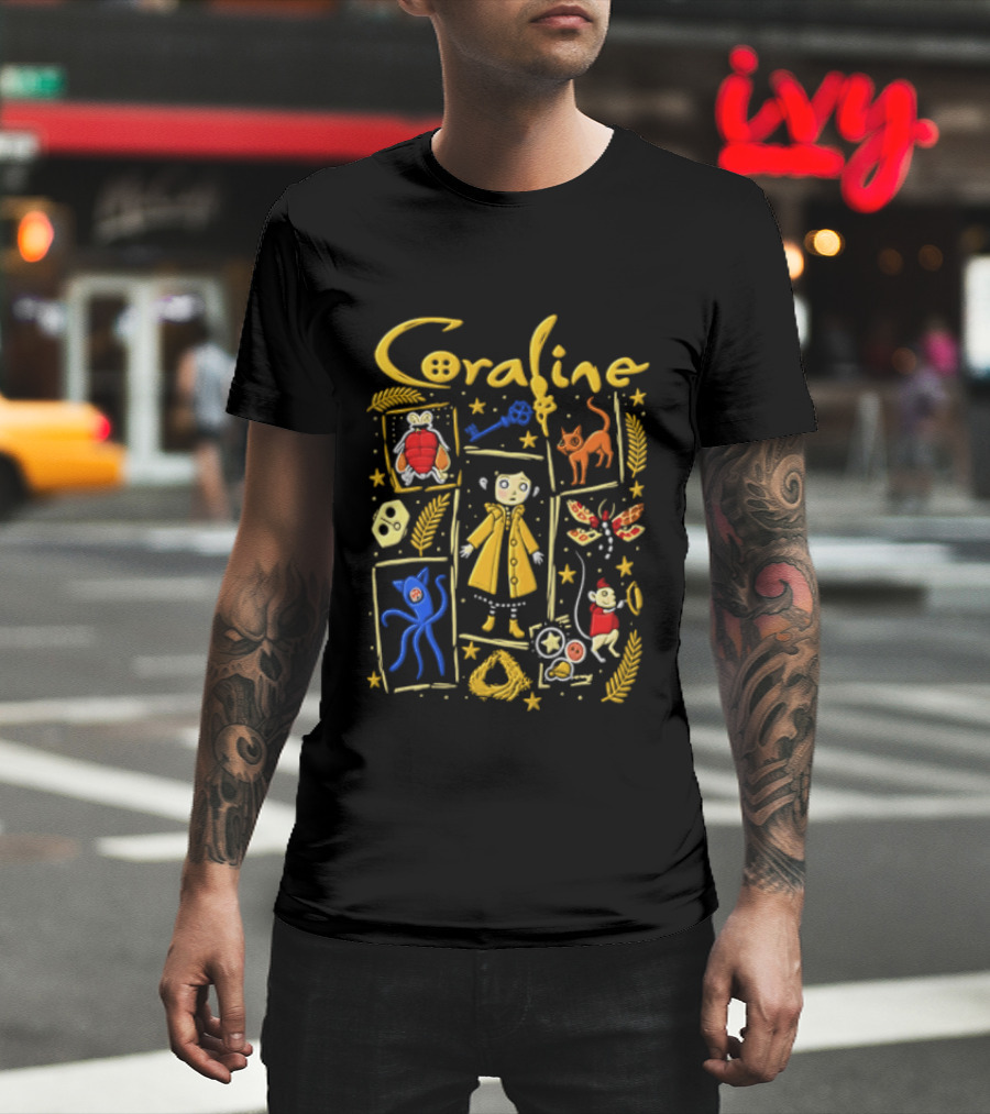 Coraline Characters Key Yellow Coat Cat Other Mother Neil Gaiman T-Shirt