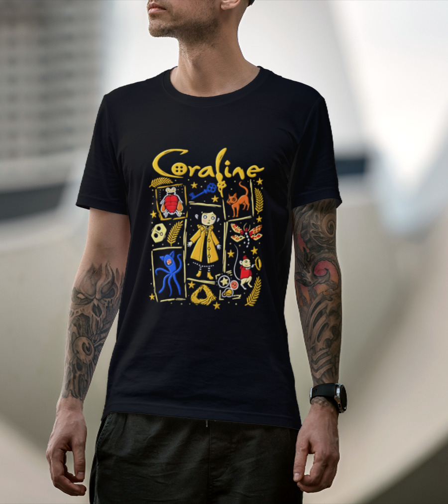 Coraline Characters Key Yellow Coat Cat Other Mother Neil Gaiman T-Shirt
