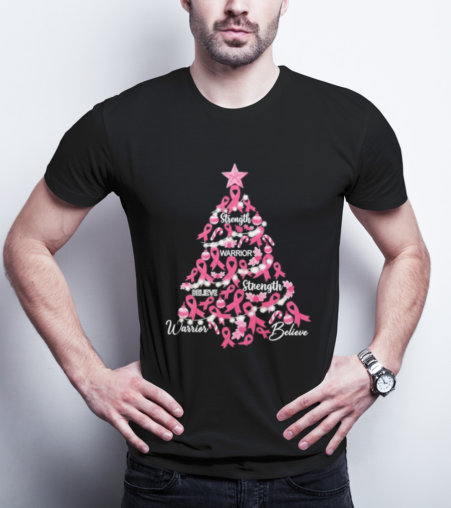 Warrior Strength Believe Breast Cancer Awareness Christmas Tree T-Shirt