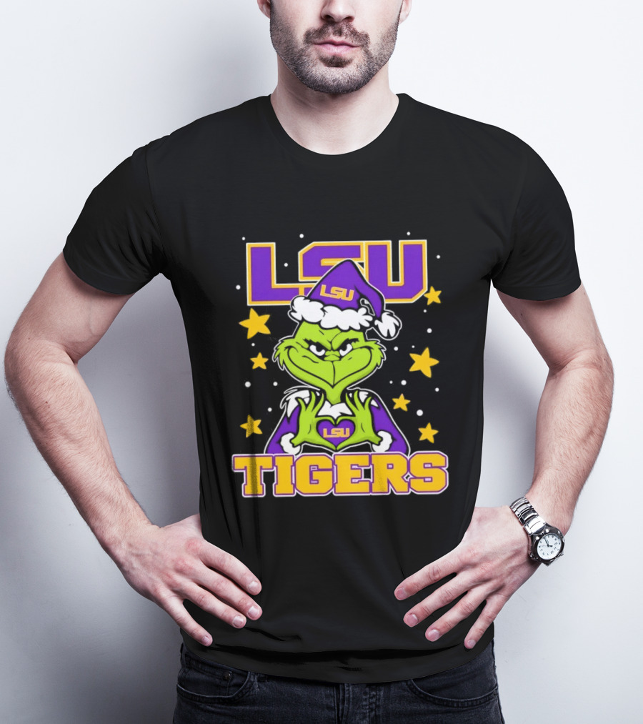 LSU Tigers Grinch Christmas Heart Hands T-Shirt