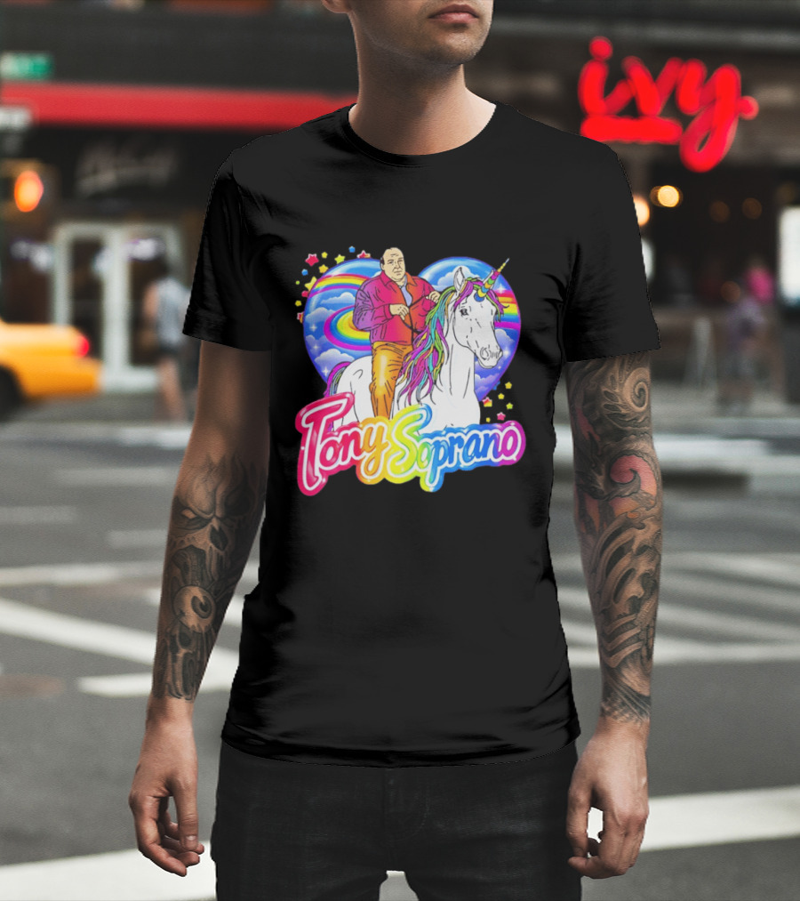 Tony Soprano Riding Rainbow Unicorn With Heart And Stars T-Shirt