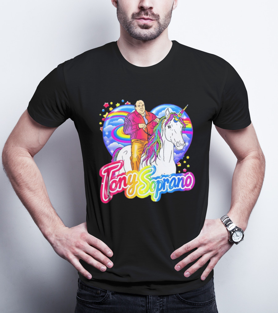 Tony Soprano Riding Rainbow Unicorn With Heart And Stars T-Shirt