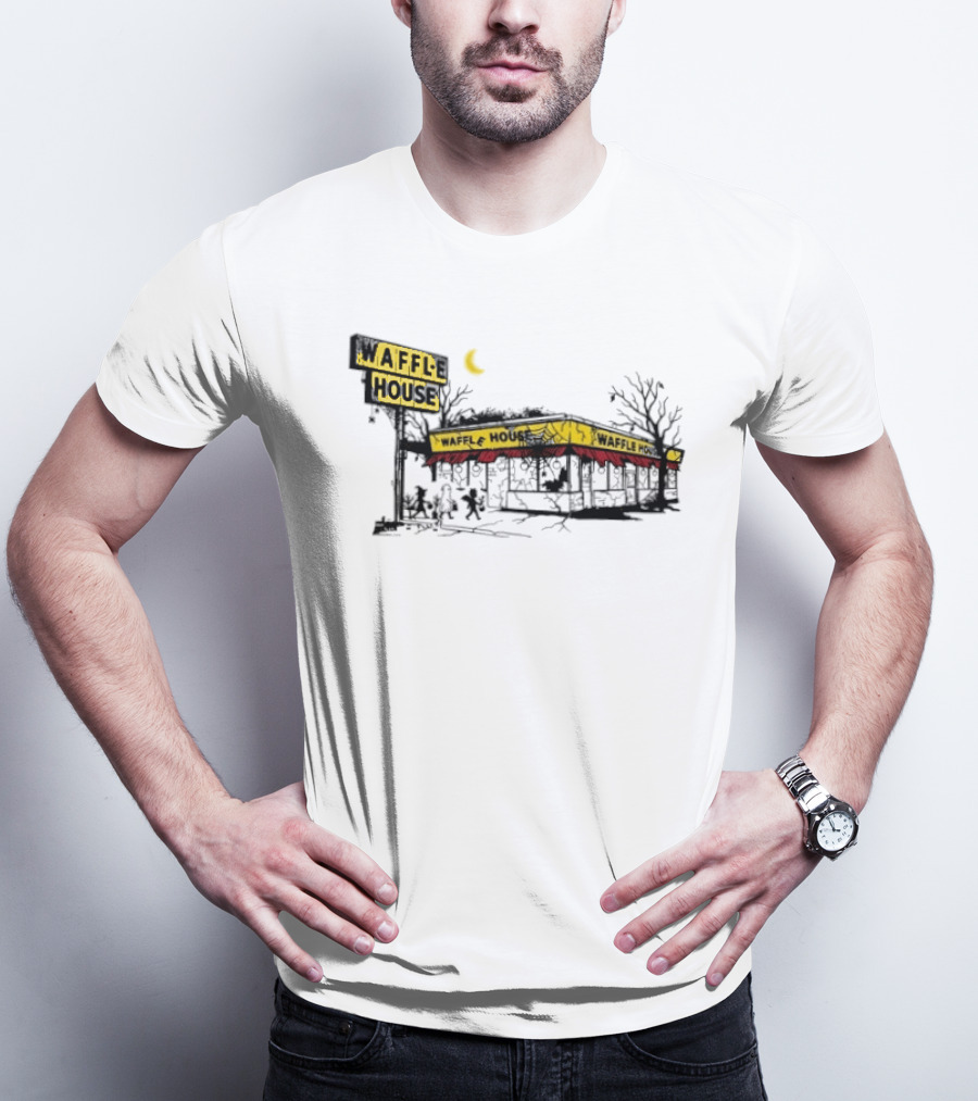 Haunted Waffle House Halloween 2026 Spooky Night Scene With Moon And Trees T-Shirt