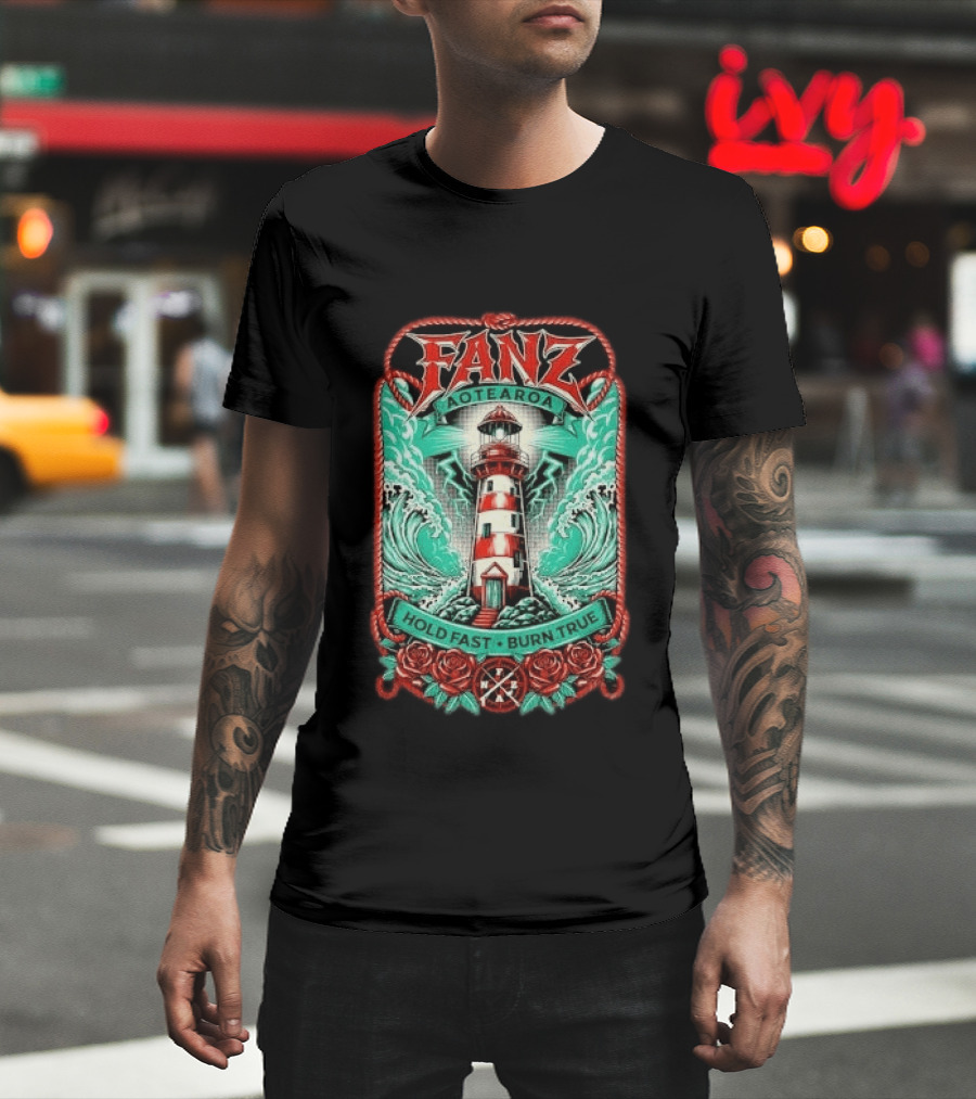 Fanz Aotearoa Hold Fast Burn True Striped Lighthouse Stormy Waves Lightning Roses Rope T-Shirt