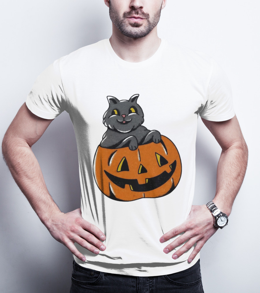 Black Cat In Jack O' Lantern Halloween Pumpkin T-Shirt