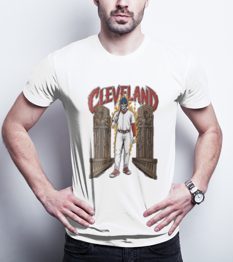 Cleveland Guardians Skeleton Baseball Player Flaming Statue T-Shirt