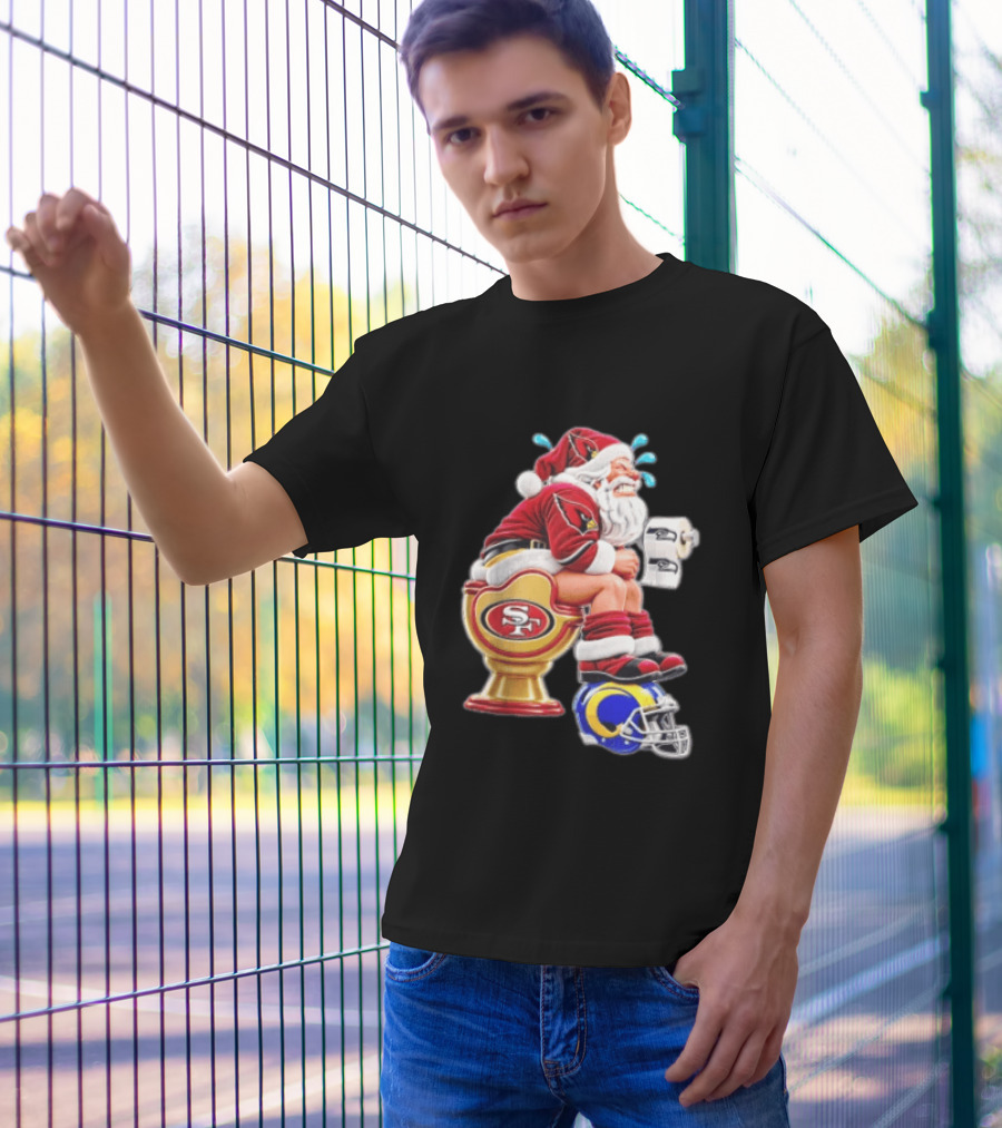 Santa Claus Sitting On San Francisco 49ers Toilet With Seattle Seahawks And Los Angeles Rams T-Shirt