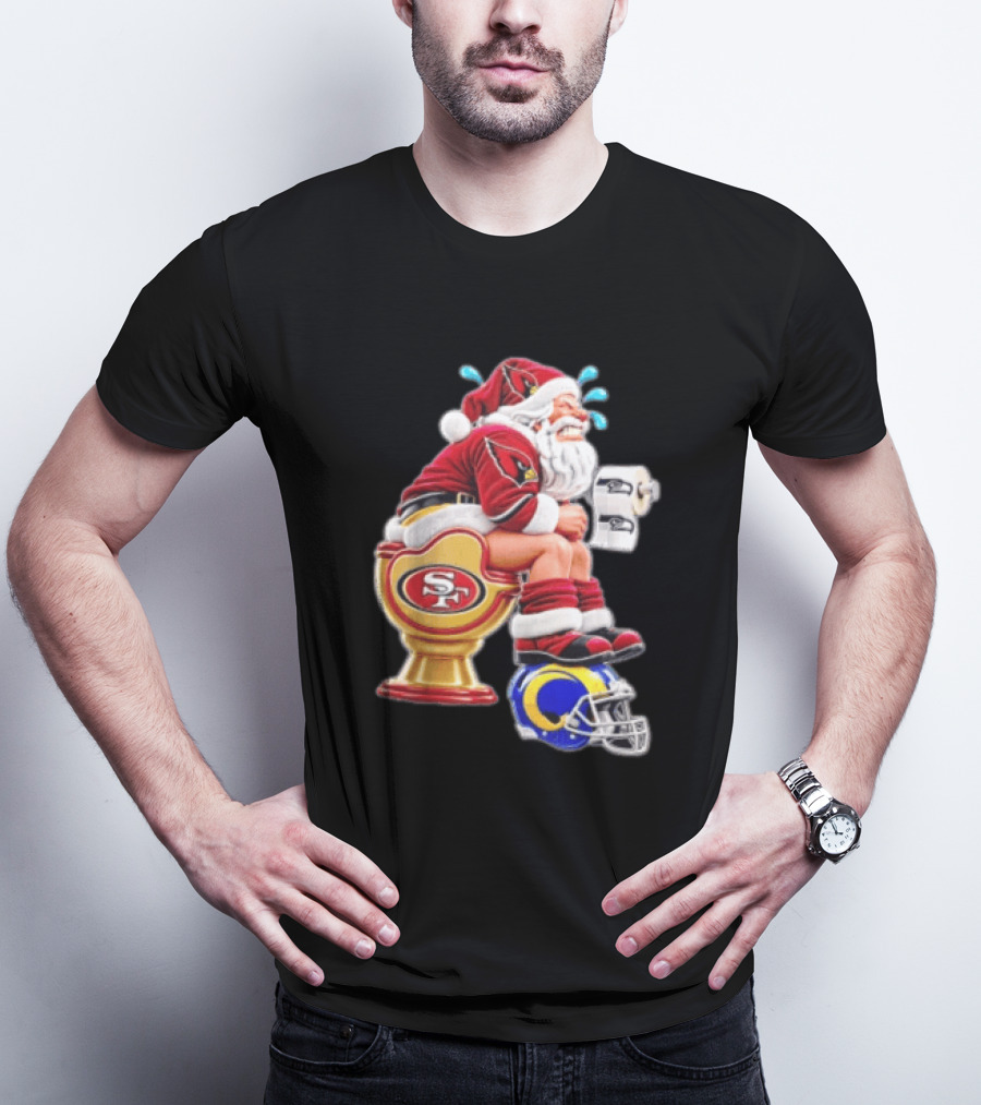 Santa Claus Sitting On San Francisco 49ers Toilet With Seattle Seahawks And Los Angeles Rams T-Shirt