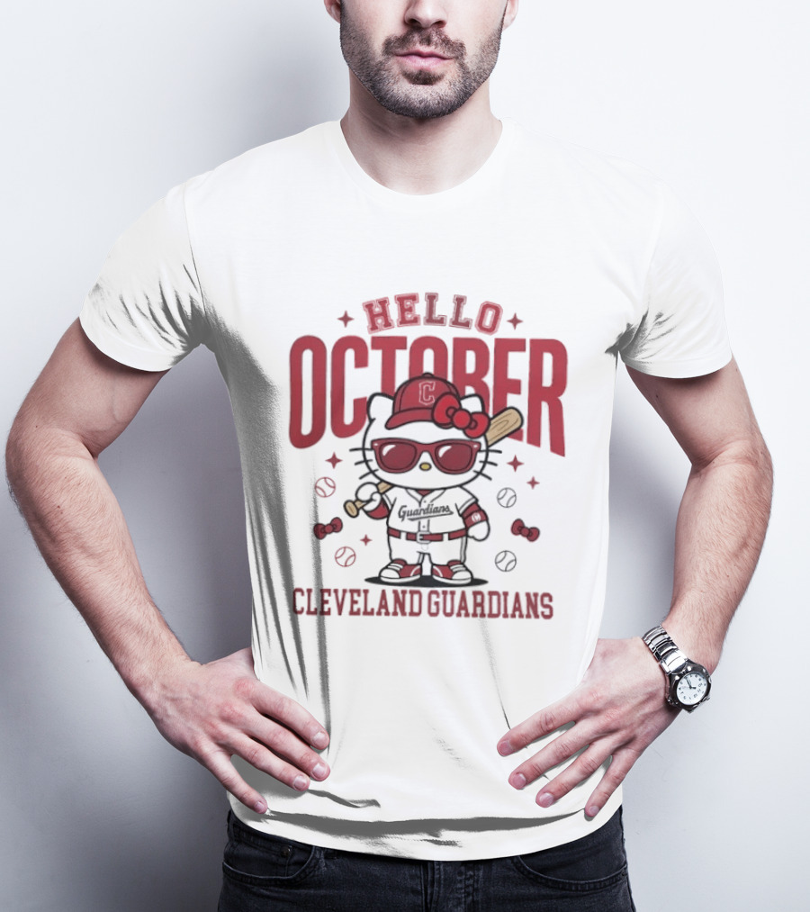 Hello Kitty Cleveland Guardians Hello October Baseball Player Cartoon T-Shirt