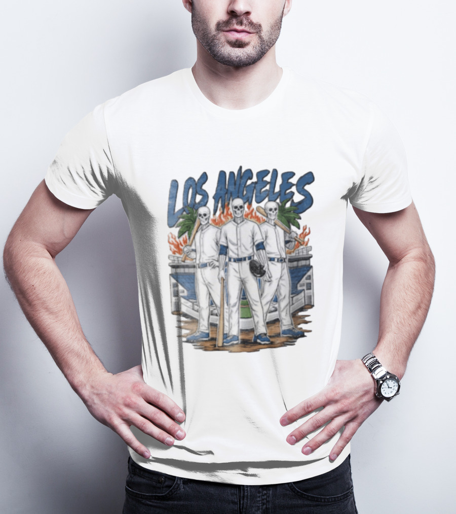 Los Angeles Skeleton Baseball Players Stadium Flames Palms T-Shirt