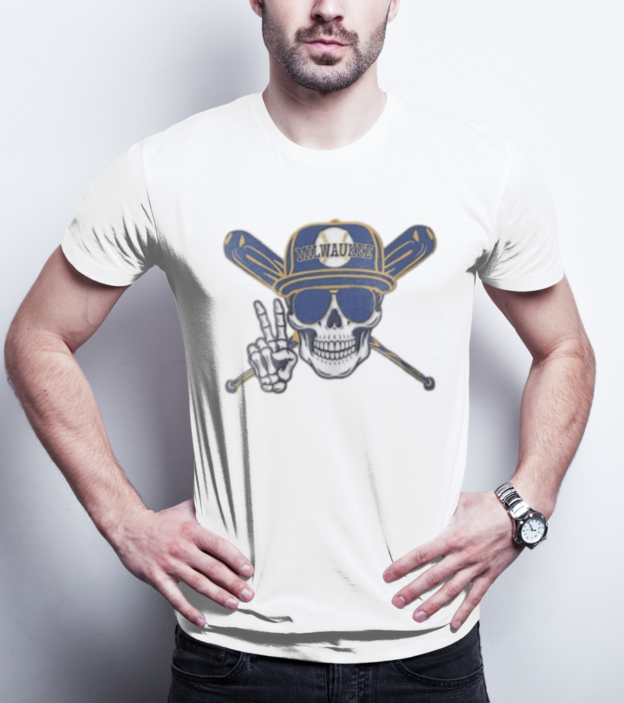 Milwaukee Brewers Skull Cap Sunglasses Peace Sign Baseball Bats T-Shirt