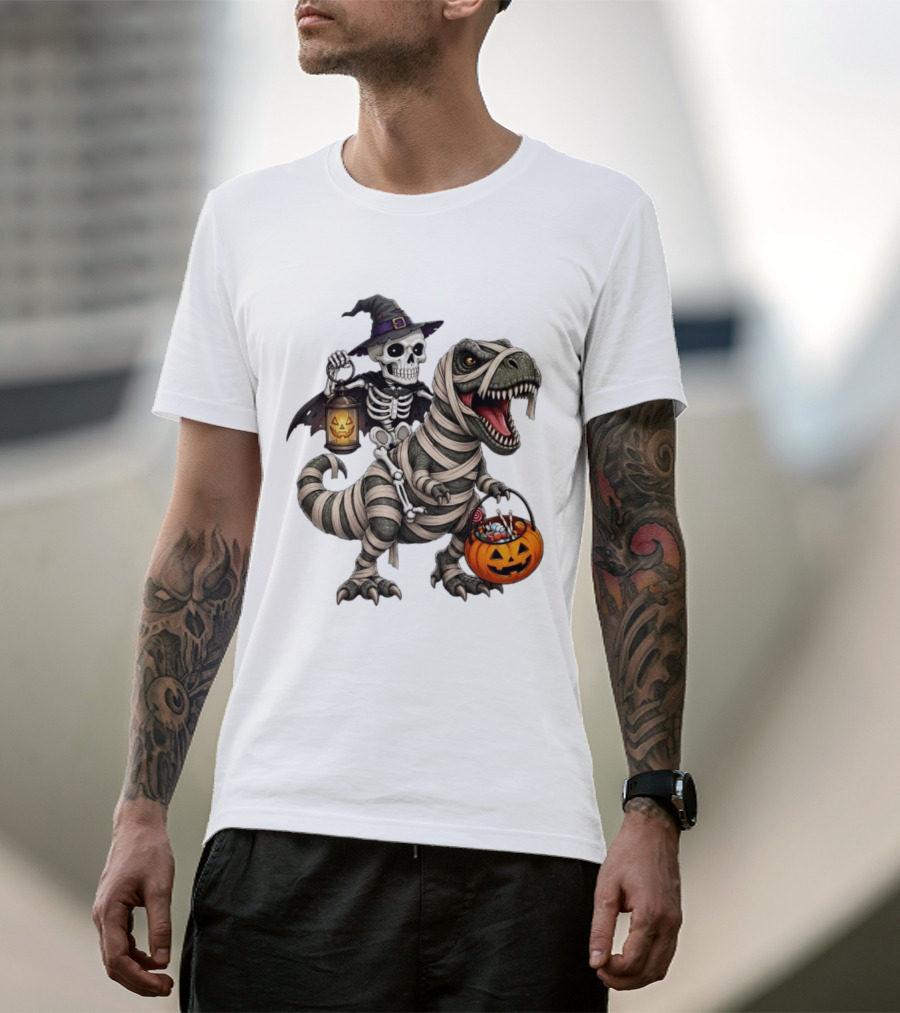 Halloween Skeleton Witch On Mummy Rex With Pumpkin Candy Bucket T-Shirt