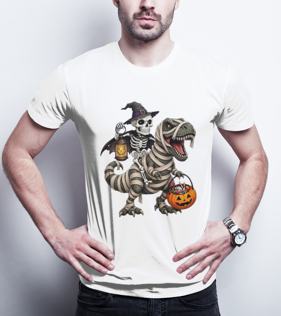 Halloween Skeleton Witch On Mummy Rex With Pumpkin Candy Bucket T-Shirt