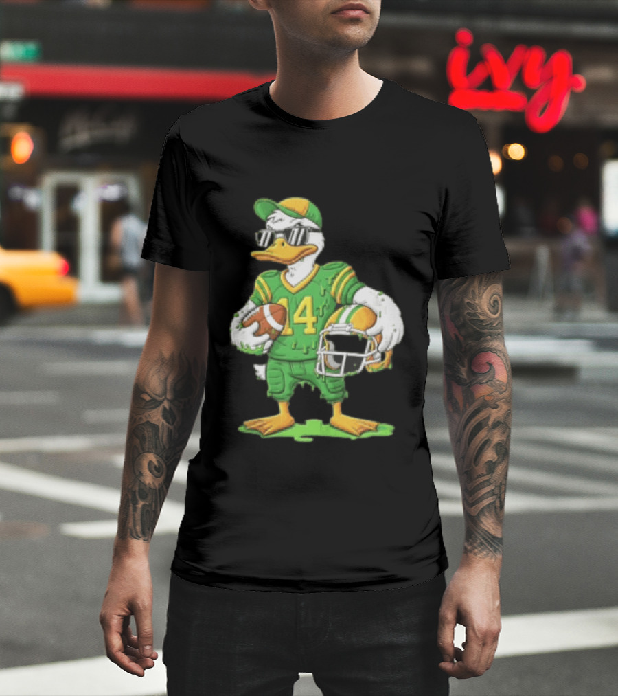 Duck With Sunglasses In Green Football Uniform Holding Helmet And Ball T-Shirt