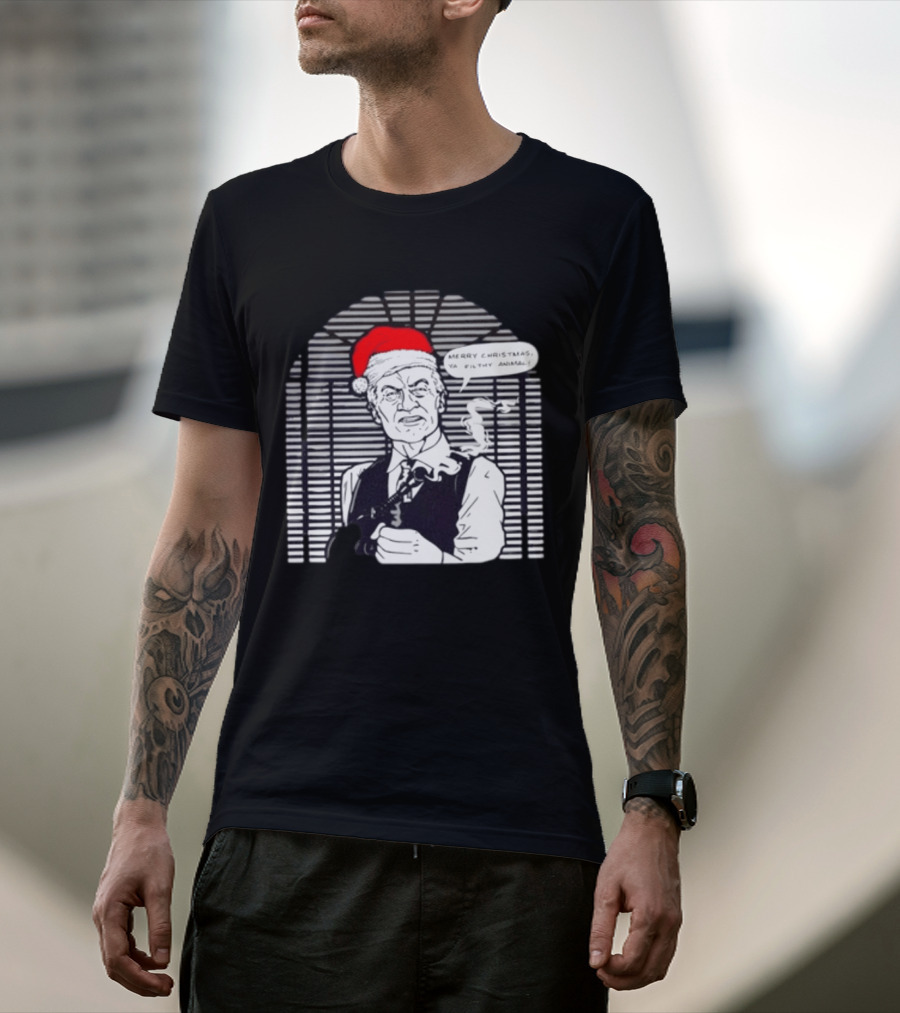 Joe Pesci Merry Christmas Ya Filthy Animal Home Alone Christmas Hat Smoking Gun Scene T-Shirt