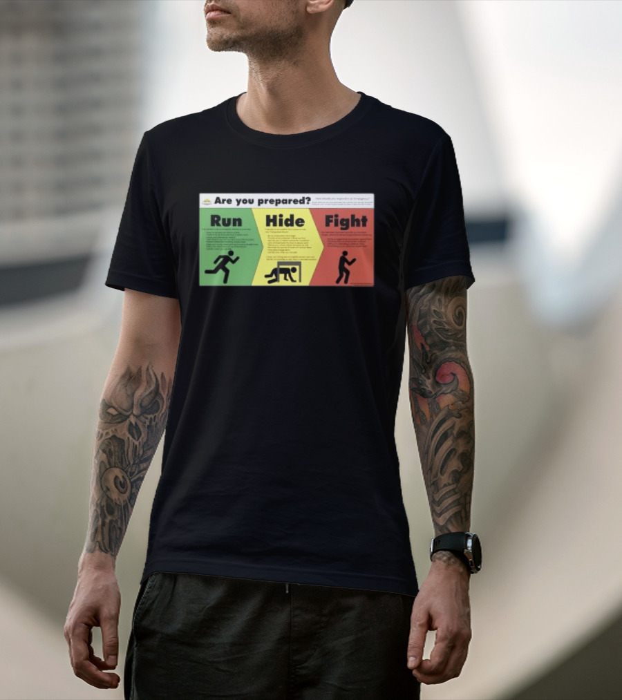 Grimykids Store Survival Guide Run Hide Fight Are You Prepared Emergency Strategy T-Shirt