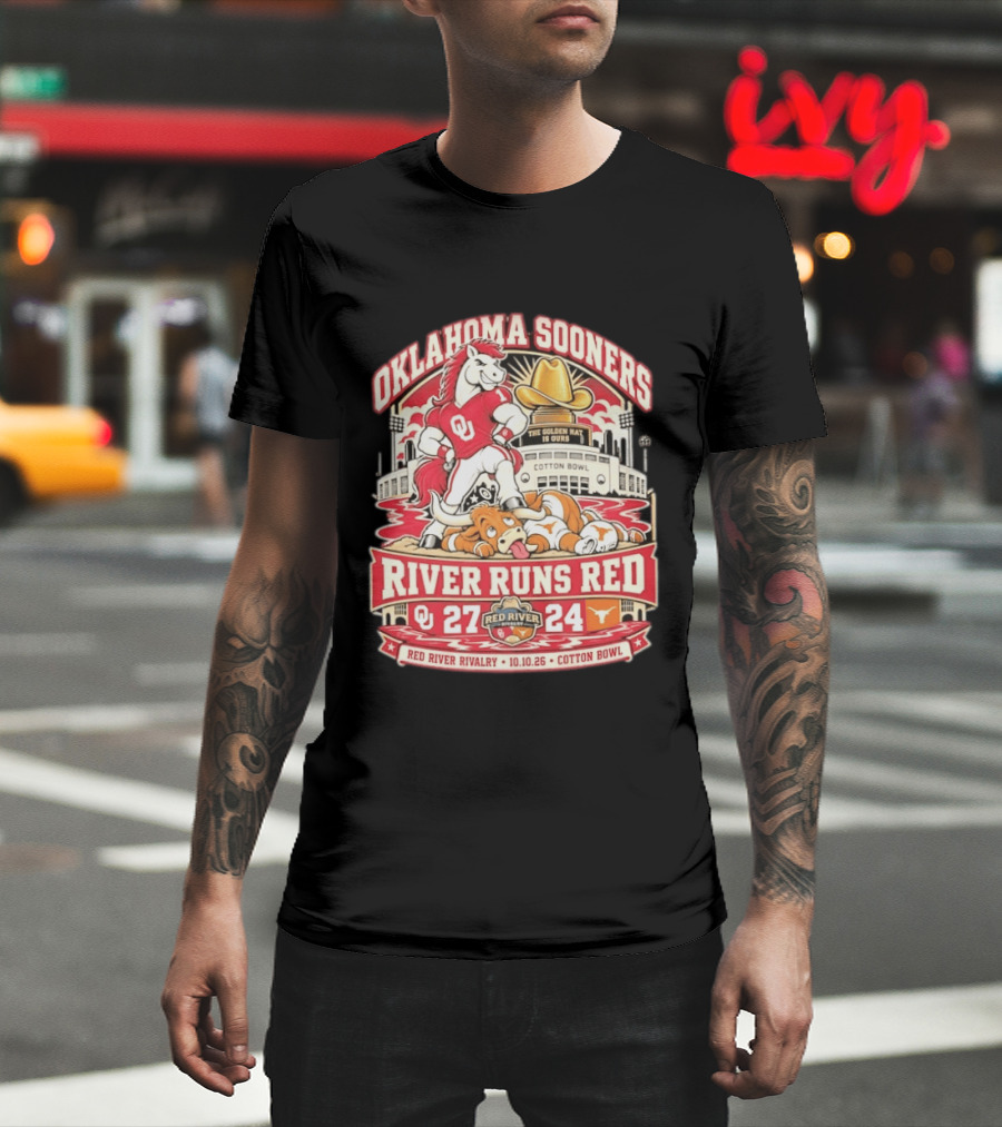 Oklahoma Sooners River Runs Red 27 24 Golden Hat Rivalry Cotton Bowl 10.10.26 T-Shirt