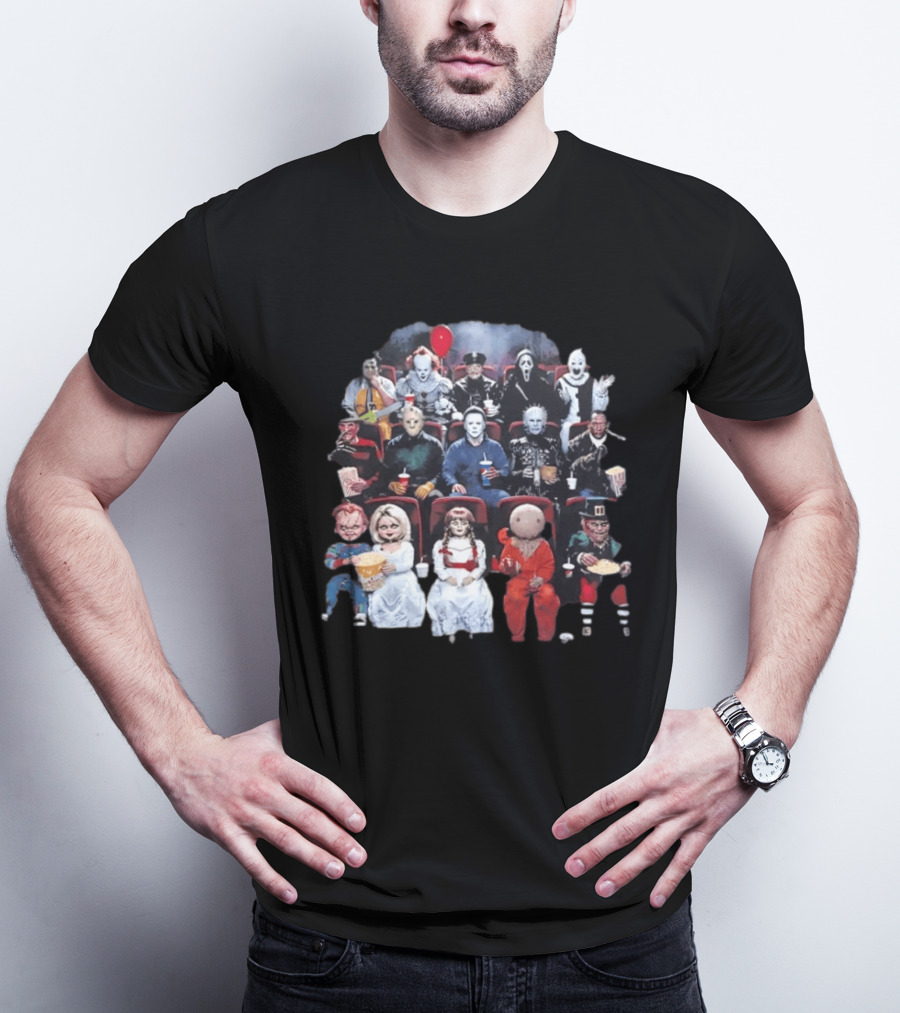 Horror Movie Characters In Cinema Seating With Popcorn And Drinks T-Shirt