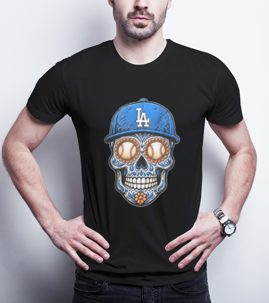 Los Angeles Dodgers Sugar Skull Baseball Eyes Hat MLB Fan Merchandise T-Shirt