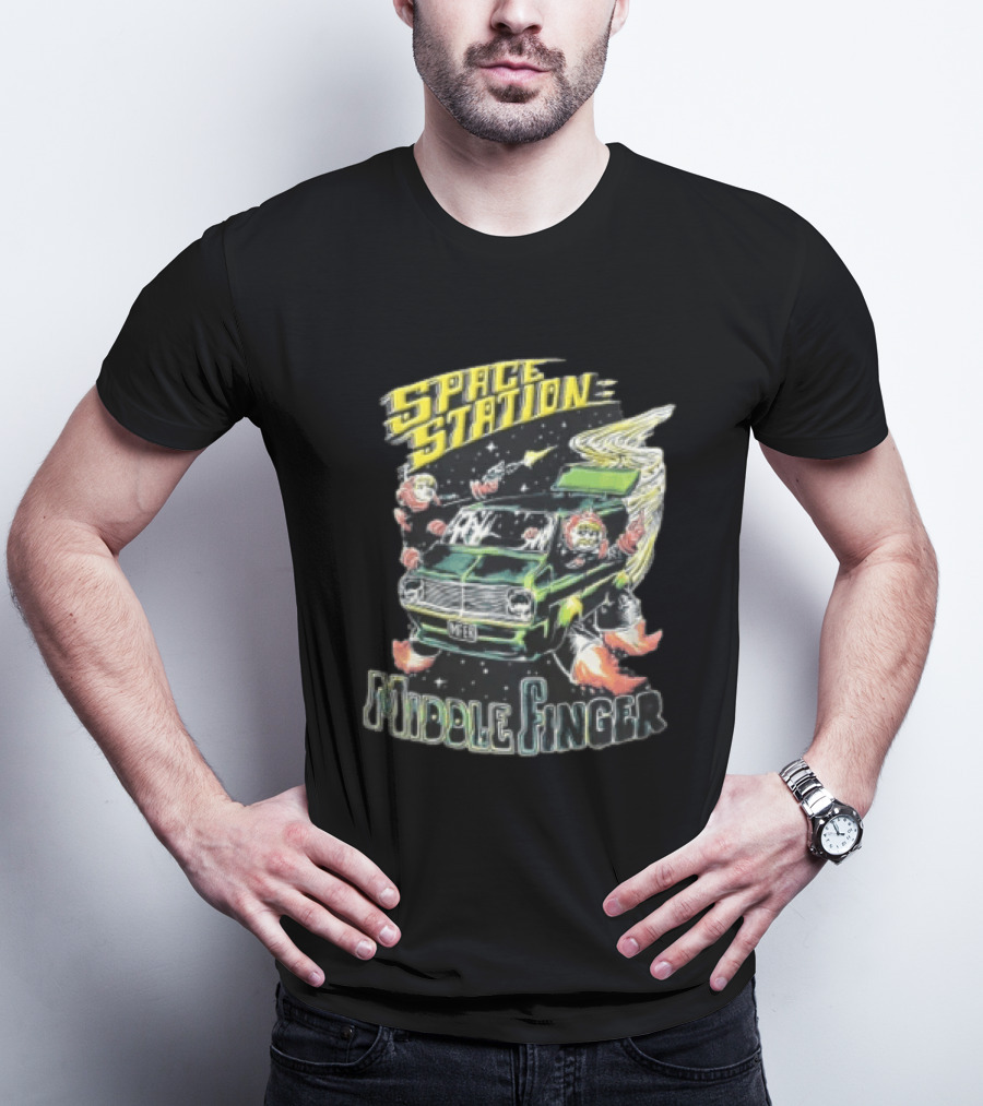 Space Station Middle Finger Astronauts Flying Green Van T-Shirt
