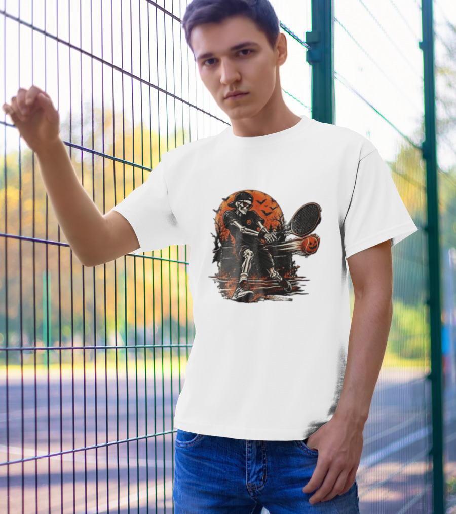 Halloween Skeleton Tennis Player With Pumpkin Ball And Full Moon T-Shirt