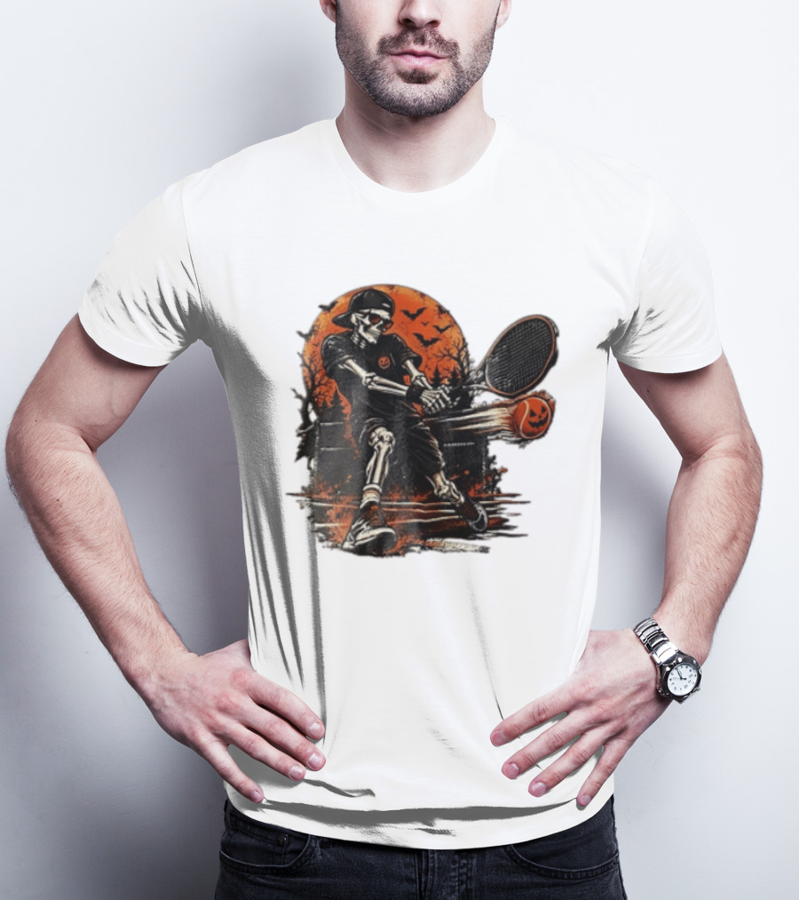 Halloween Skeleton Tennis Player With Pumpkin Ball And Full Moon T-Shirt