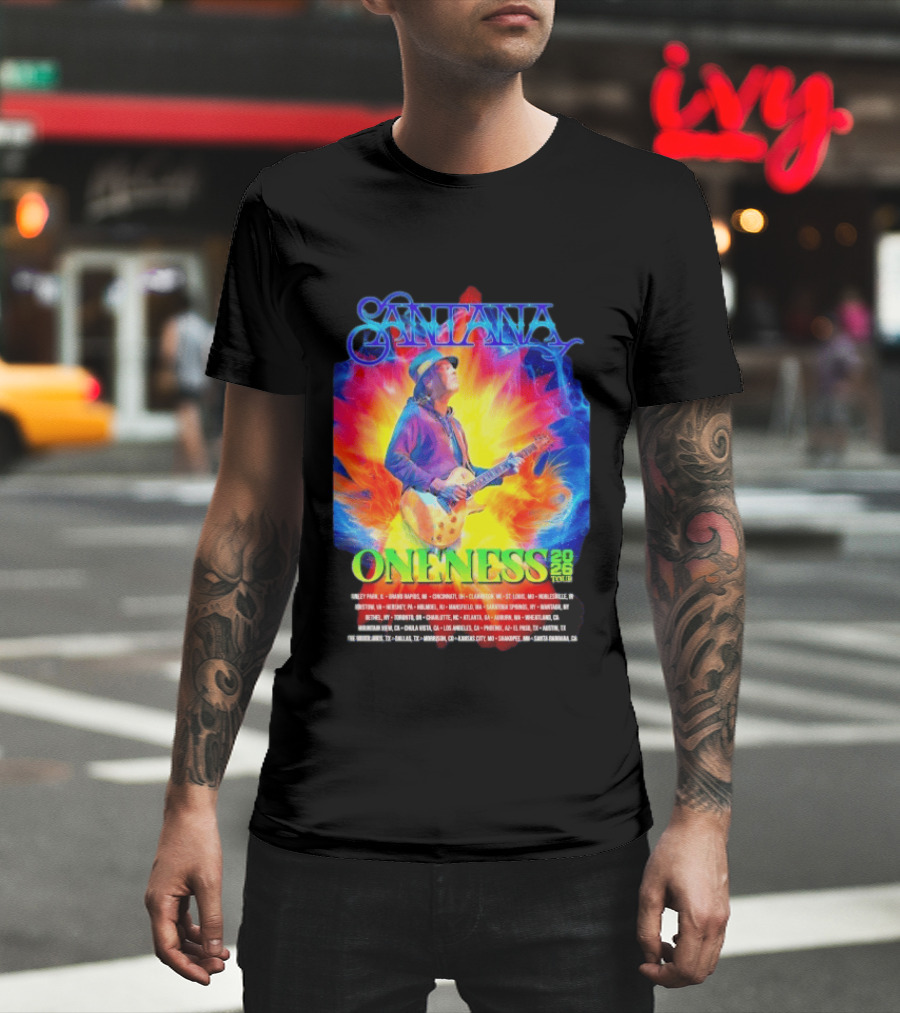 Santana Oneness 2026 Tour Carlos Santana Fire And Ice Tinley Park IL To Santa Barbara CA T-Shirt