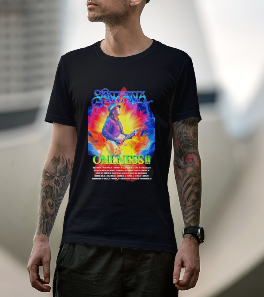 Santana Oneness 2026 Tour Carlos Santana Fire And Ice Tinley Park IL To Santa Barbara CA T-Shirt