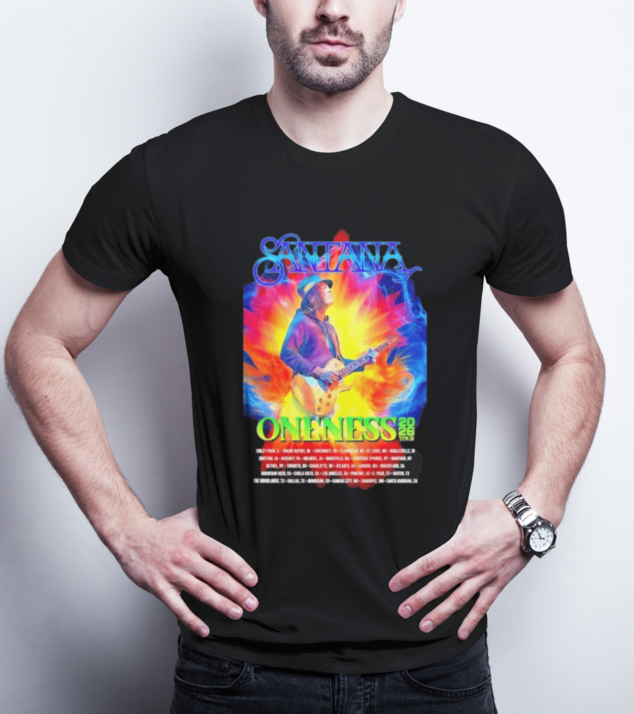 Santana Oneness 2026 Tour Carlos Santana Fire And Ice Tinley Park IL To Santa Barbara CA T-Shirt