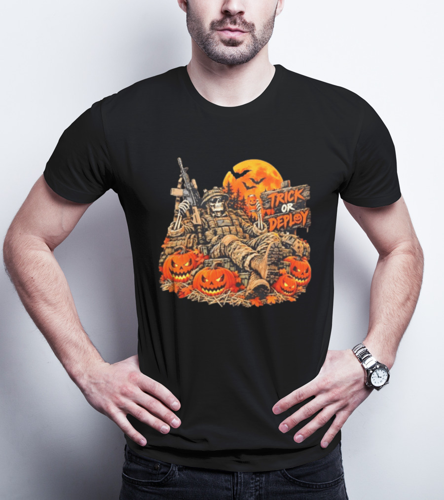 Trick Or Deploy Skeleton Soldier With Halloween Pumpkins And Rifle T-Shirt