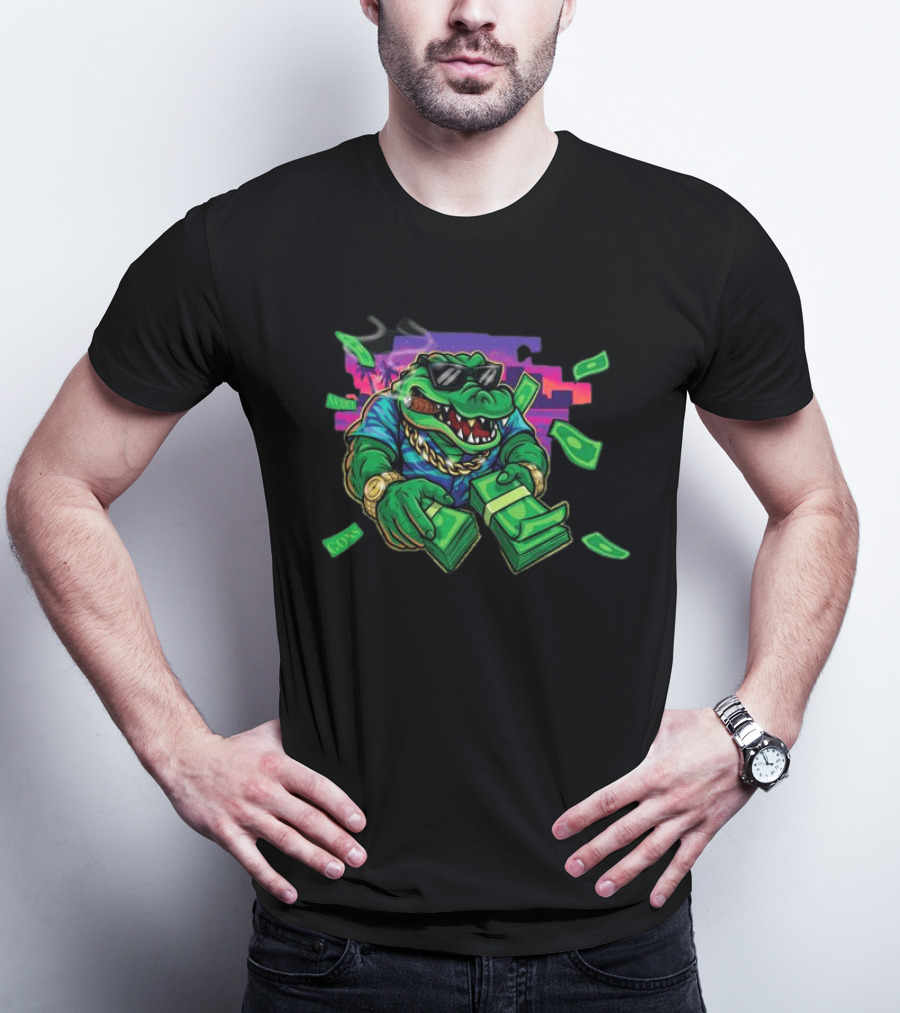 The Wynwood Walls Store Gons Audet Vice City Stylish Cigar Smoking Alligator With Sunglasses And Money T-Shirt