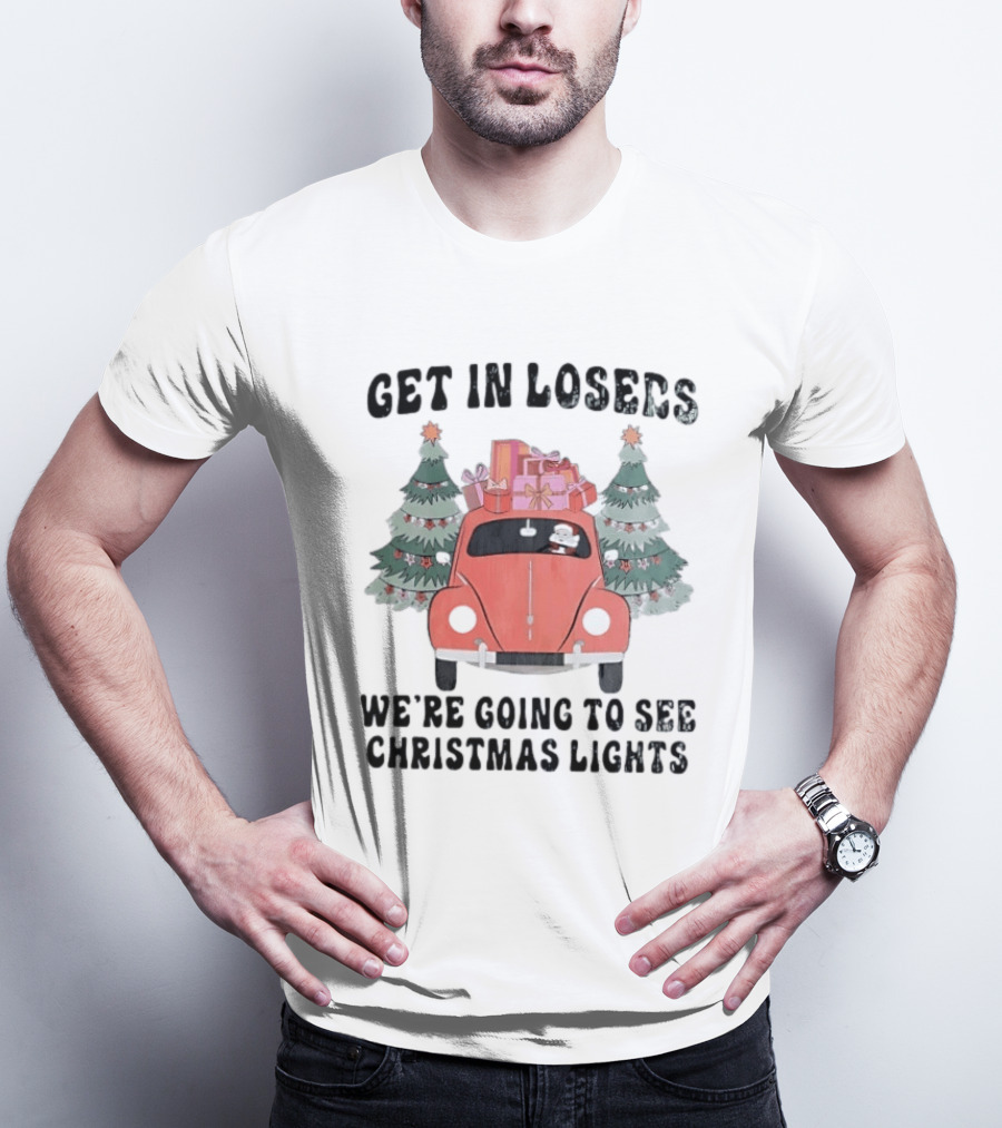 Get In Losers Christmas Lights Road Trip With Dog And Gifts In Red Car T-Shirt