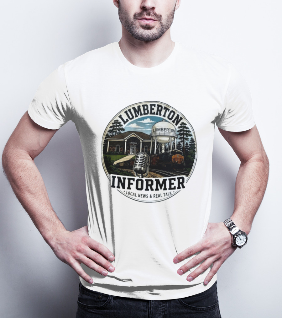 Lumberton Informer Local News Real Talk City Hall Microphone Train Tower Scenery T-Shirt