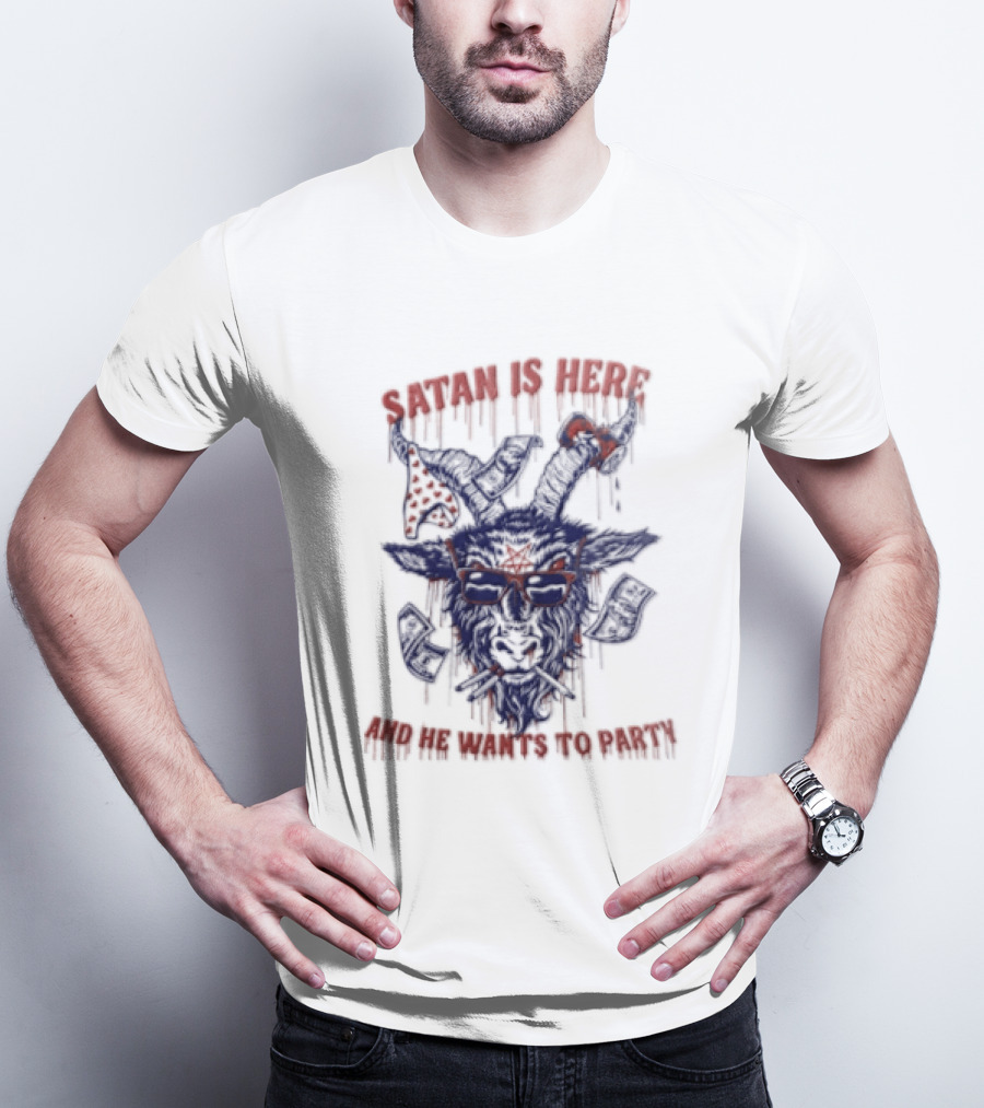 Satan Is Here And He Wants To Party Dripping Evil Goat Mask T-Shirt