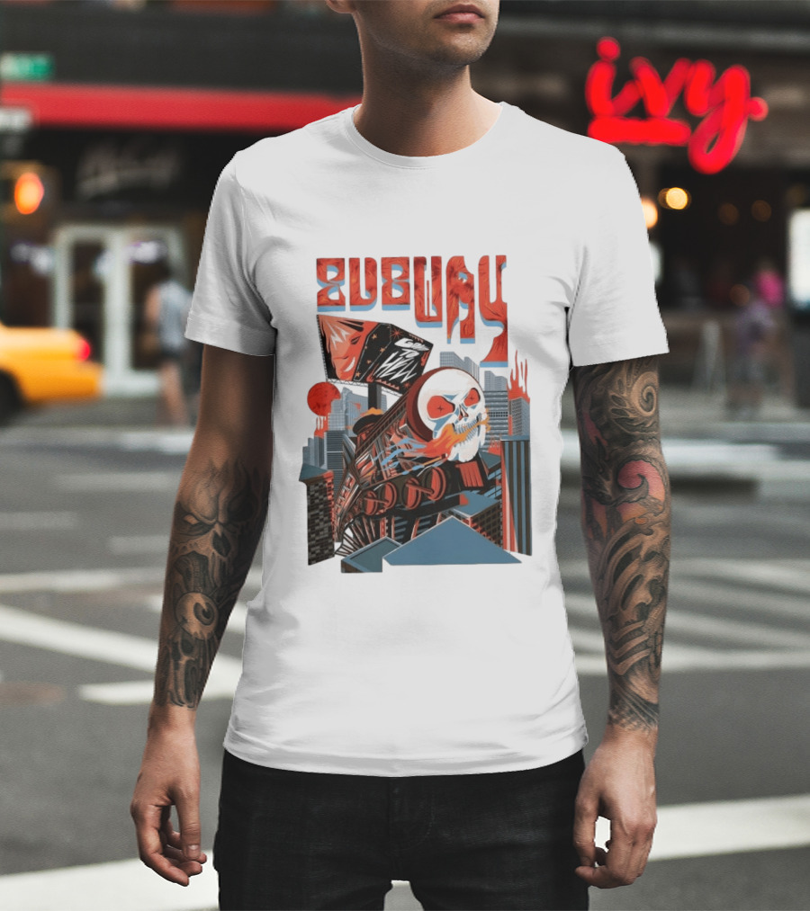 Subway Goes To Hell Skull Train Surreal Cityscape T-Shirt